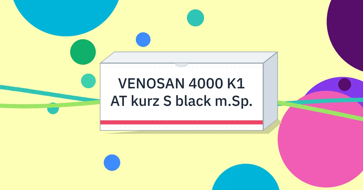 Symbolbild: Packung mit der Aufschrift VENOSAN 4000 K1 AT kurz S black m.Sp. (PZN 14426719) – Verfügbarkeit und Bezug in Apotheken in Frankfurt am Main