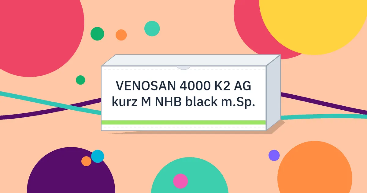 Symbolbild: Packung mit der Aufschrift VENOSAN 4000 K2 AG kurz M NHB black m.Sp. (PZN 14427966) – Verfügbarkeit und Bezug in Apotheken in Frankfurt am Main