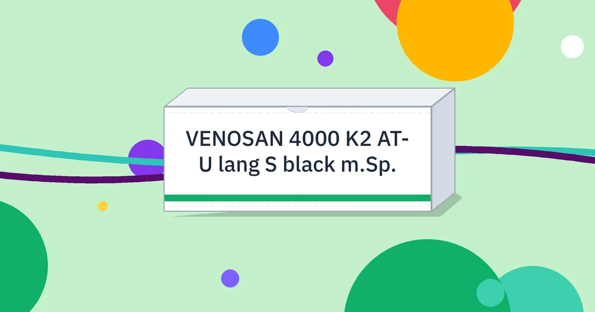 Symbolbild: Packung mit der Aufschrift VENOSAN 4000 K2 AT-U lang S black m.Sp. (PZN 14427601) – Verfügbarkeit und Bezug in Apotheken in Frankfurt am Main