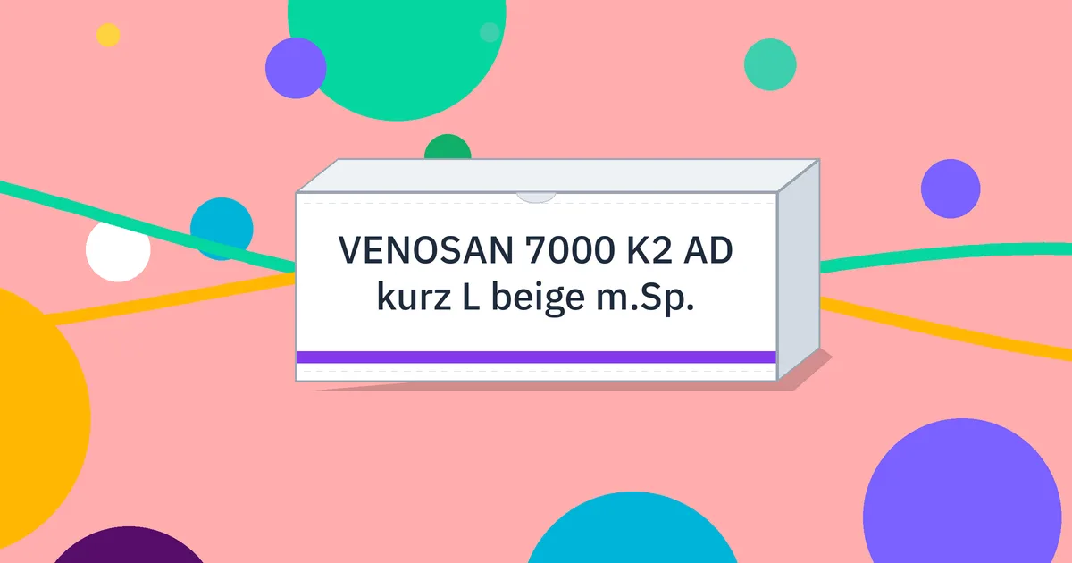 Symbolbild: Packung mit der Aufschrift VENOSAN 7000 K2 AD kurz L beige m.Sp. (PZN 14434311) – Verfügbarkeit und Bezug in Apotheken in Frankfurt am Main