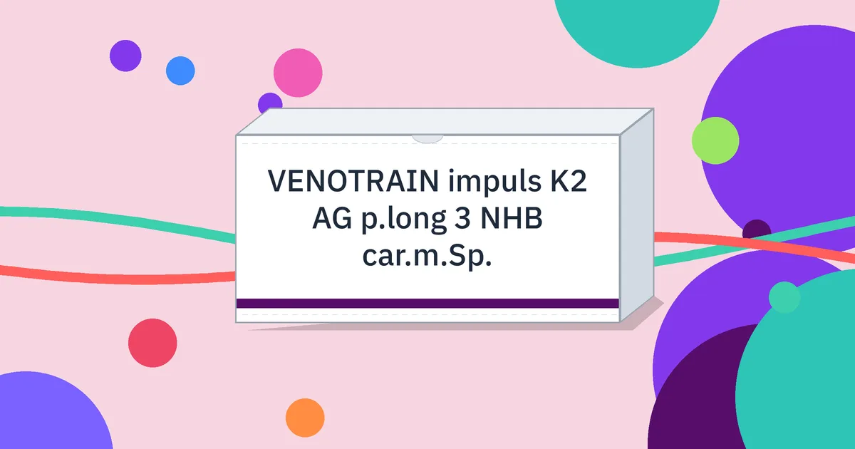 Symbolbild: Packung mit der Aufschrift VENOTRAIN impuls K2 AG p.long 3 NHB car.m.Sp. (PZN 00505763) – Verfügbarkeit und Bezug in Apotheken in Frankfurt am Main