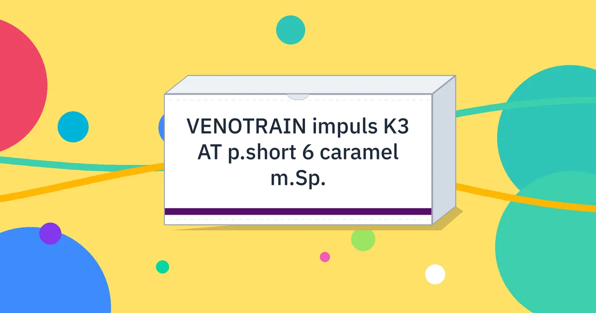 Symbolbild: Packung mit der Aufschrift VENOTRAIN impuls K3 AT p.short 6 caramel m.Sp. (PZN 19355065) – Verfügbarkeit und Bezug in Apotheken in Frankfurt am Main