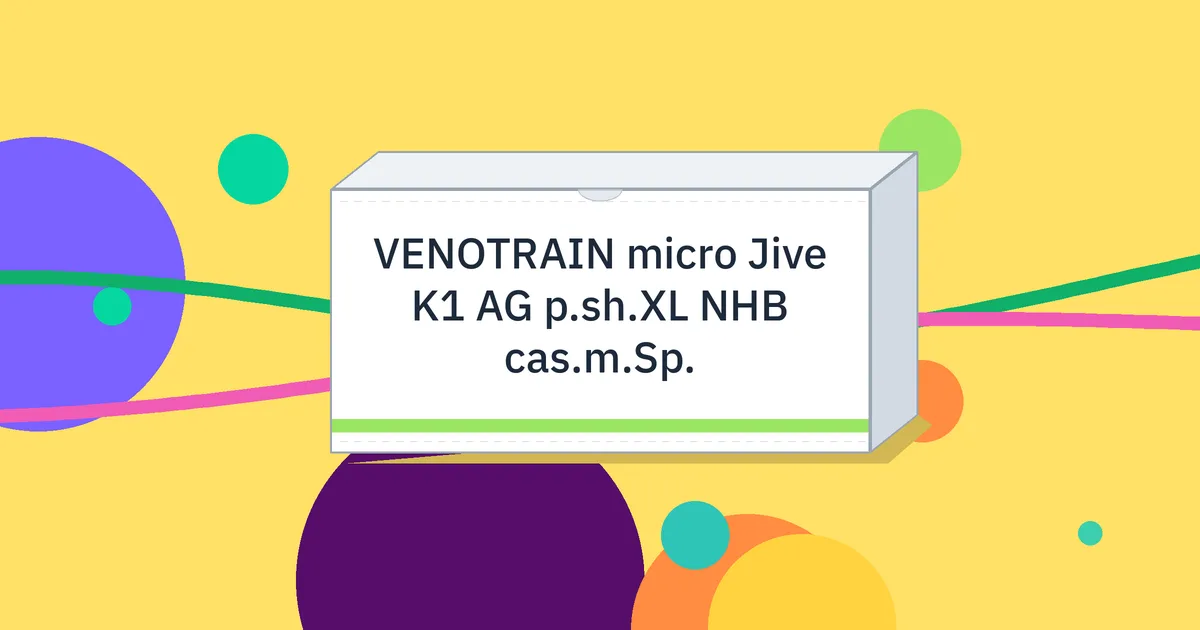 Symbolbild: Packung mit der Aufschrift VENOTRAIN micro Jive K1 AG p.sh.XL NHB cas.m.Sp. (PZN 20767531) – Verfügbarkeit und Bezug in Apotheken in Frankfurt am Main