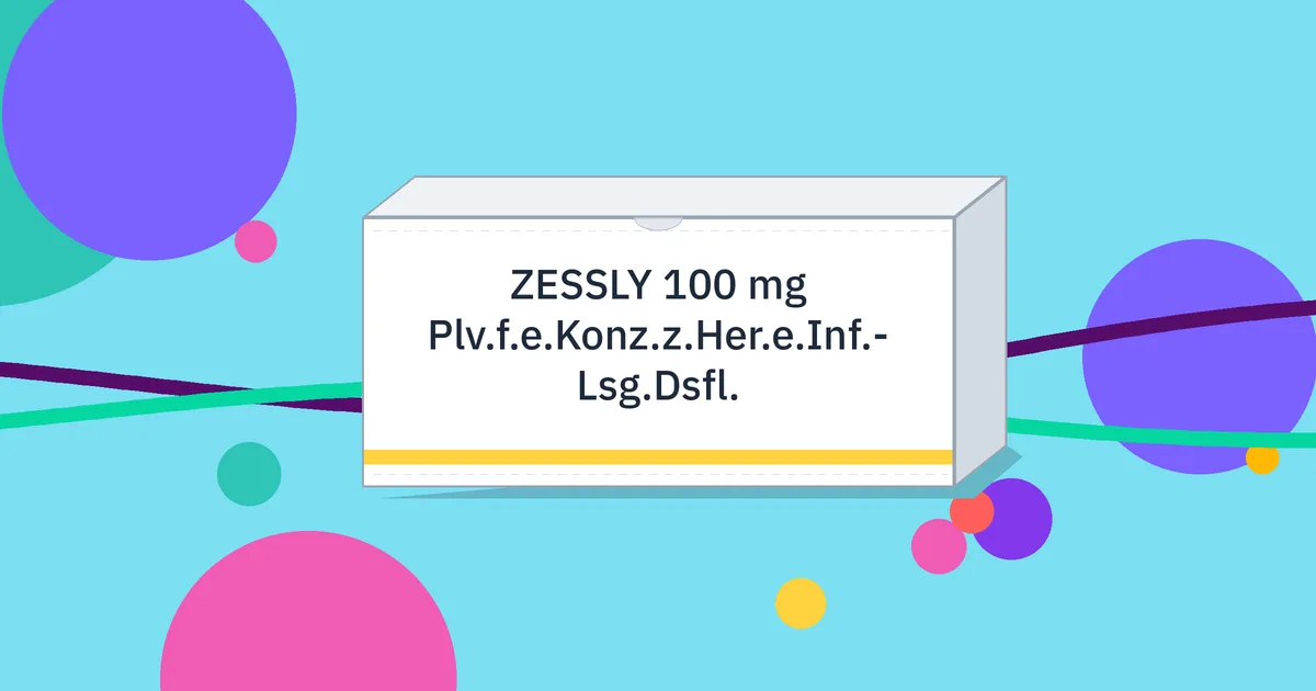 Symbolbild: Packung mit der Aufschrift ZESSLY 100 mg Plv.f.e.Konz.z.Her.e.Inf.-Lsg.Dsfl. (PZN 18361632) – Verfügbarkeit und Bezug in Apotheken in Frankfurt am Main