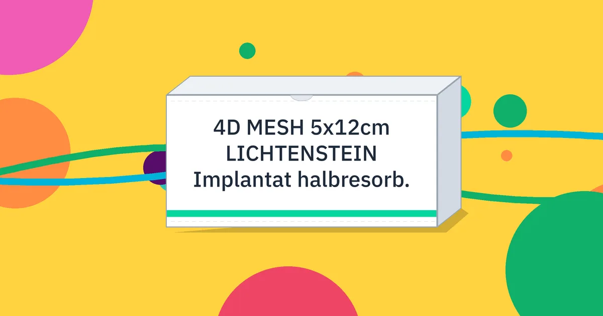 Symbolbild: Packung mit der Aufschrift 4D MESH 5x12cm LICHTENSTEIN Implantat halbresorb. (PZN 19504364) – Verfügbarkeit und Bezug in Apotheken in Frankfurt am Main