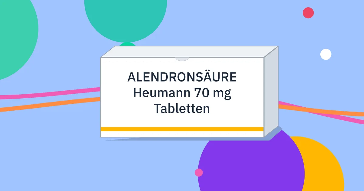 Symbolbild: Packung mit der Aufschrift ALENDRONSÄURE Heumann 70 mg Tabletten (PZN 19635445) – Verfügbarkeit und Bezug in Apotheken in Frankfurt am Main