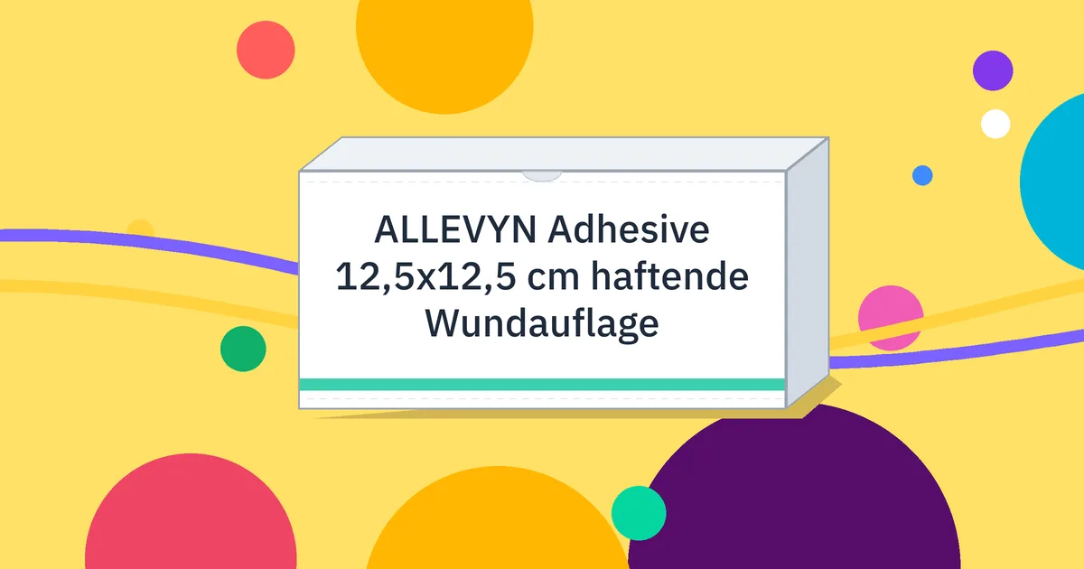 Symbolbild: Packung mit der Aufschrift ALLEVYN Adhesive 12,5x12,5 cm haftende Wundauflage (PZN 01130348) – Verfügbarkeit und Bezug in Apotheken in Frankfurt am Main