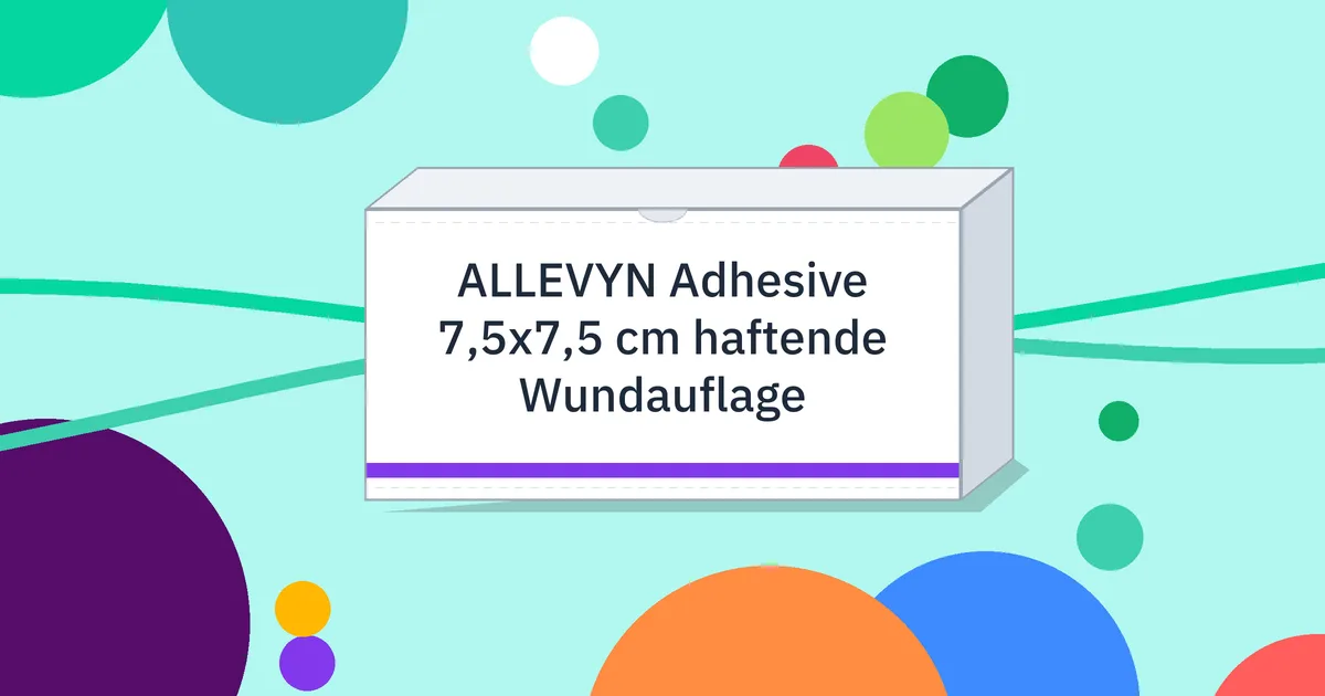 Symbolbild: Packung mit der Aufschrift ALLEVYN Adhesive 7,5x7,5 cm haftende Wundauflage (PZN 19380318) – Verfügbarkeit und Bezug in Apotheken in Frankfurt am Main