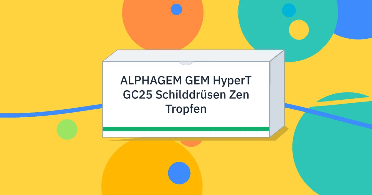 Symbolbild: Packung mit der Aufschrift ALPHAGEM GEM HyperT GC25 Schilddrüsen Zen Tropfen (PZN 20806277) – Verfügbarkeit und Bezug in Apotheken in Frankfurt am Main