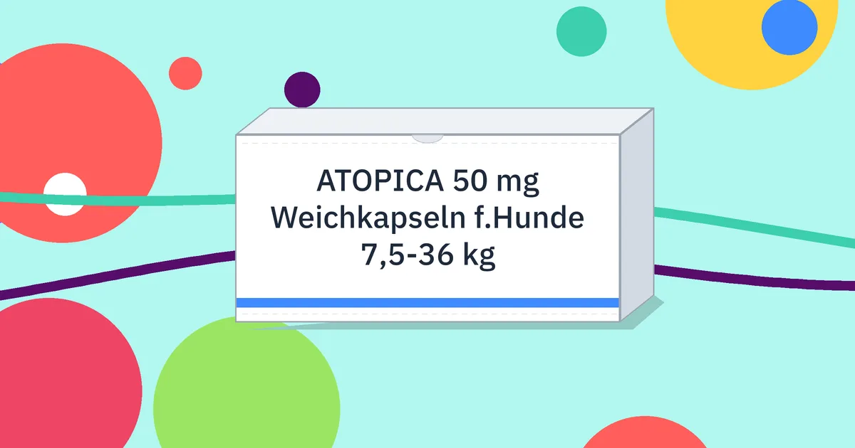 Symbolbild: Packung mit der Aufschrift ATOPICA 50 mg Weichkapseln f.Hunde 7,5-36 kg (PZN 01270612) – Verfügbarkeit und Bezug in Apotheken in Frankfurt am Main