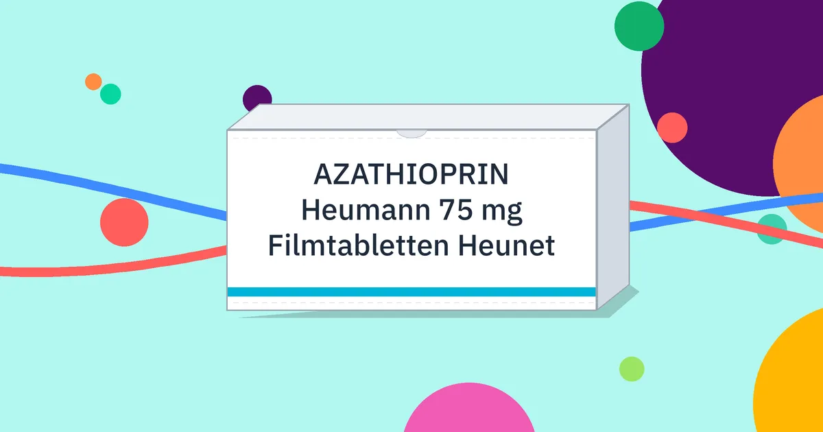 Symbolbild: Packung mit der Aufschrift AZATHIOPRIN Heumann 75 mg Filmtabletten Heunet (PZN 15304160) – Verfügbarkeit und Bezug in Apotheken in Frankfurt am Main