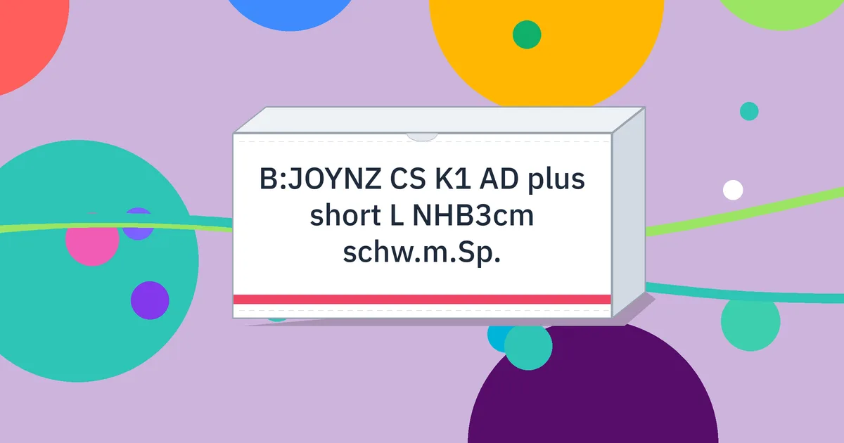 Symbolbild: Packung mit der Aufschrift B:JOYNZ CS K1 AD plus short L NHB3cm schw.m.Sp. (PZN 20529180) – Verfügbarkeit und Bezug in Apotheken in Frankfurt am Main
