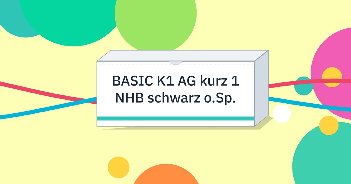 Symbolbild: Packung mit der Aufschrift BASIC K1 AG kurz 1 NHB schwarz o.Sp. (PZN 20259504) – Verfügbarkeit und Bezug in Apotheken in Frankfurt am Main