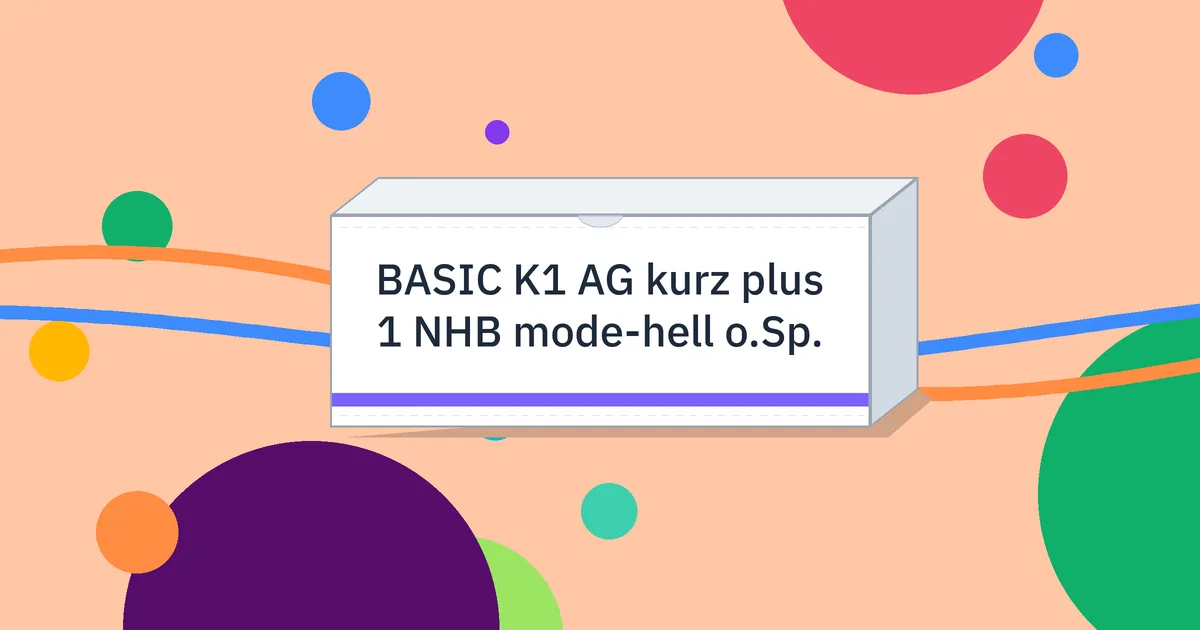 Symbolbild: Packung mit der Aufschrift BASIC K1 AG kurz plus 1 NHB mode-hell o.Sp. (PZN 20259711) – Verfügbarkeit und Bezug in Apotheken in Frankfurt am Main