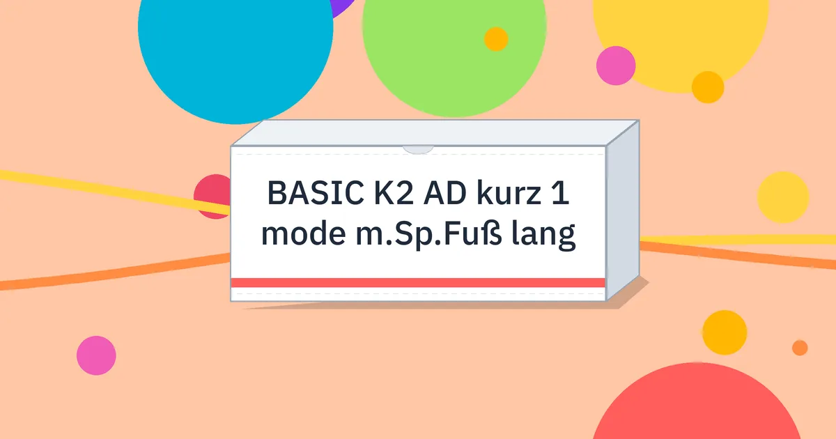 Symbolbild: Packung mit der Aufschrift BASIC K2 AD kurz 1 mode m.Sp.Fuß lang (PZN 20263718) – Verfügbarkeit und Bezug in Apotheken in Frankfurt am Main