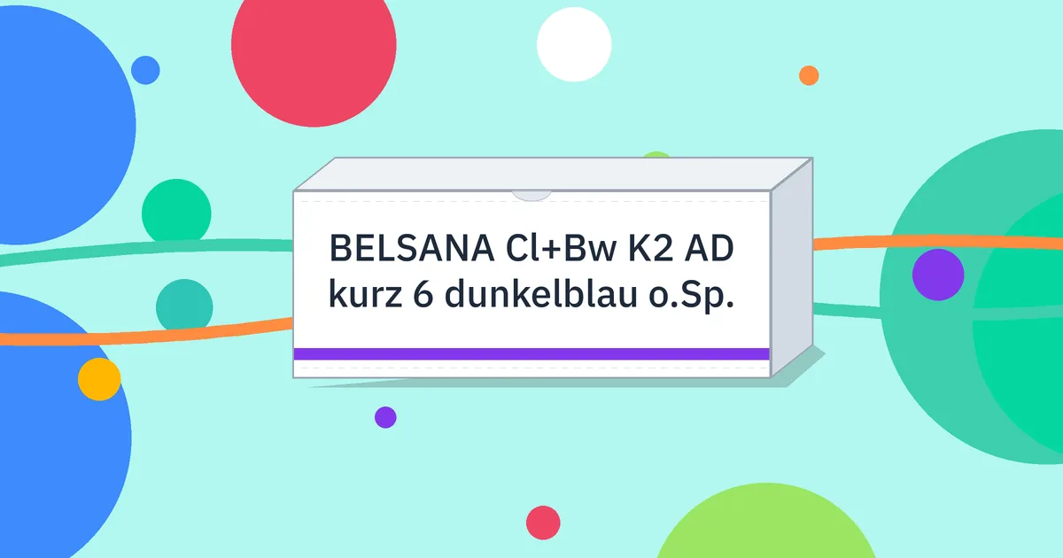 Symbolbild: Packung mit der Aufschrift BELSANA Cl+Bw K2 AD kurz 6 dunkelblau o.Sp. (PZN 15626739) – Verfügbarkeit und Bezug in Apotheken in Frankfurt am Main