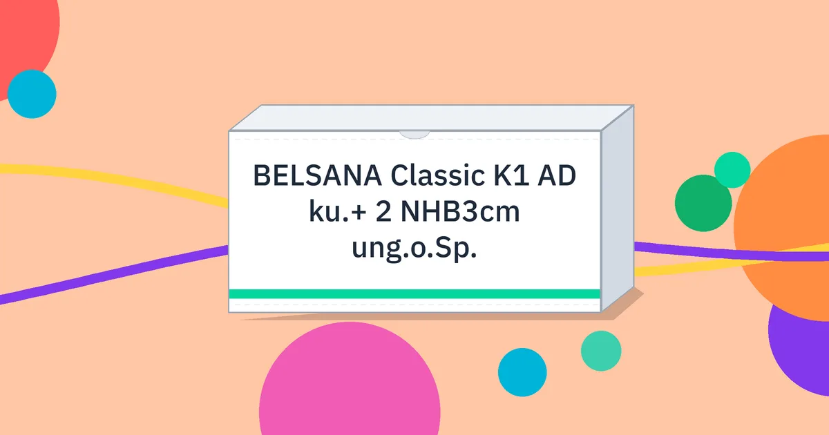 Symbolbild: Packung mit der Aufschrift BELSANA Classic K1 AD ku.+ 2 NHB3cm ung.o.Sp. (PZN 19255180) – Verfügbarkeit und Bezug in Apotheken in Frankfurt am Main