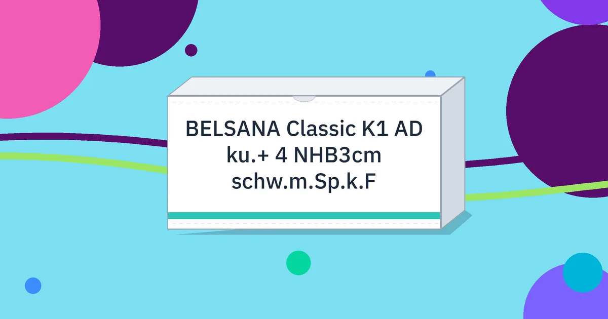 Symbolbild: Packung mit der Aufschrift BELSANA Classic K1 AD ku.+ 4 NHB3cm schw.m.Sp.k.F (PZN 19255932) – Verfügbarkeit und Bezug in Apotheken in Frankfurt am Main