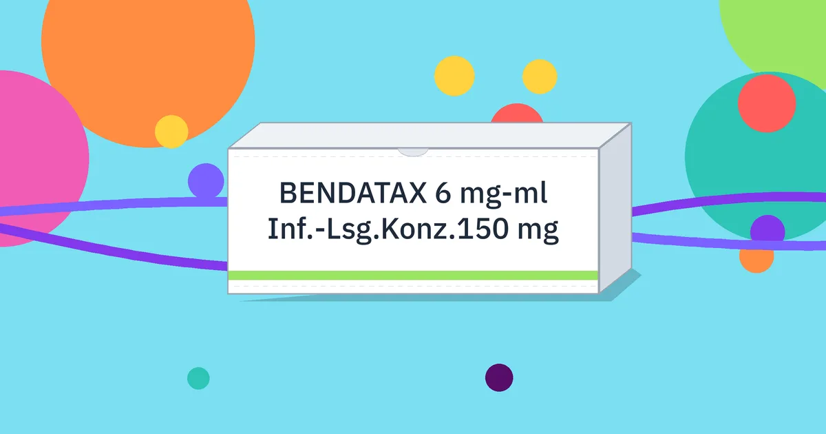 Symbolbild: Packung mit der Aufschrift BENDATAX 6 mg-ml Inf.-Lsg.Konz.150 mg (PZN 06443715) – Verfügbarkeit und Bezug in Apotheken in Frankfurt am Main