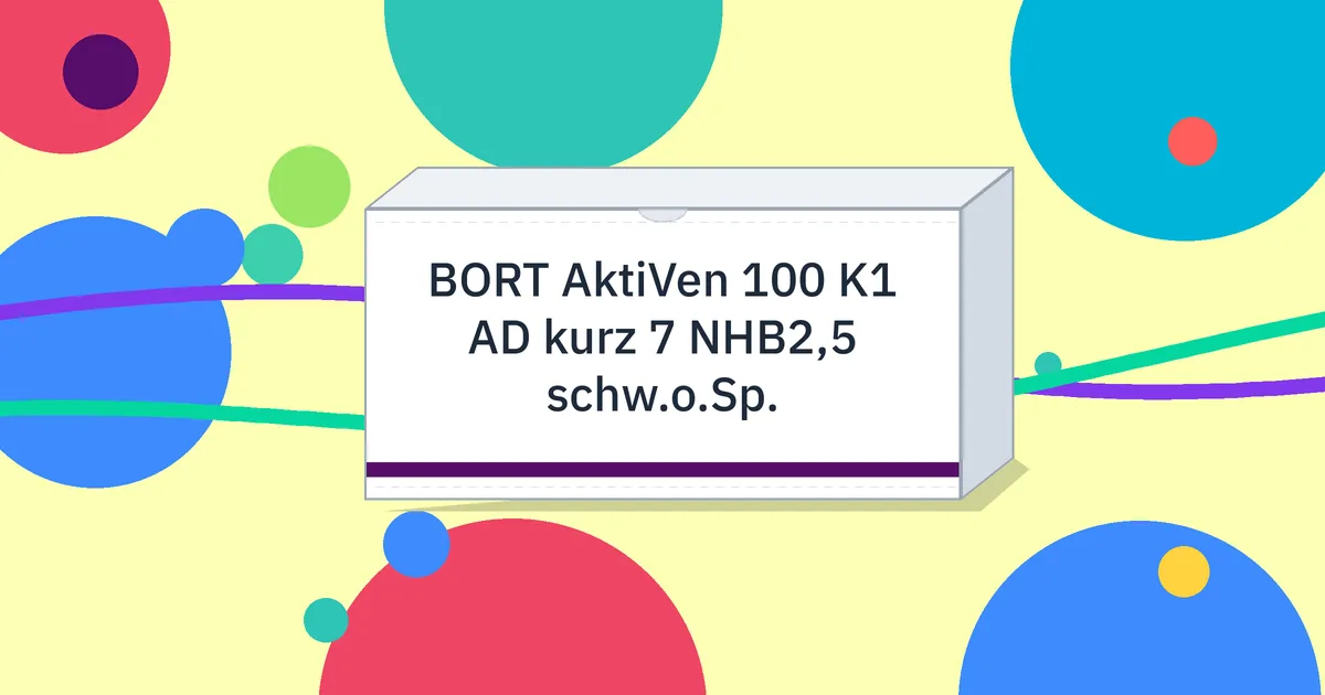 Symbolbild: Packung mit der Aufschrift BORT AktiVen 100 K1 AD kurz 7 NHB2,5 schw.o.Sp. (PZN 17502088) – Verfügbarkeit und Bezug in Apotheken in Frankfurt am Main