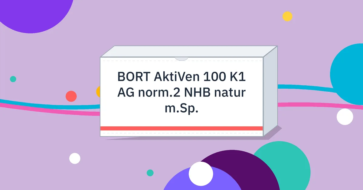 Symbolbild: Packung mit der Aufschrift BORT AktiVen 100 K1 AG norm.2 NHB natur m.Sp. (PZN 13729694) – Verfügbarkeit und Bezug in Apotheken in Frankfurt am Main