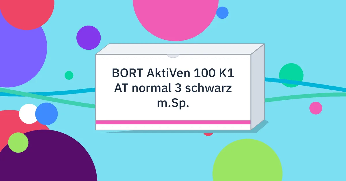 Symbolbild: Packung mit der Aufschrift BORT AktiVen 100 K1 AT normal 3 schwarz m.Sp. (PZN 14389071) – Verfügbarkeit und Bezug in Apotheken in Frankfurt am Main