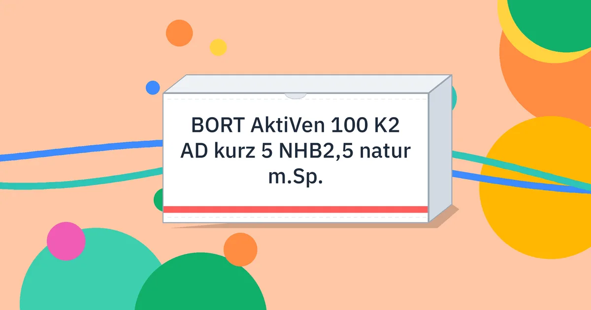 Symbolbild: Packung mit der Aufschrift BORT AktiVen 100 K2 AD kurz 5 NHB2,5 natur m.Sp. (PZN 17498872) – Verfügbarkeit und Bezug in Apotheken in Frankfurt am Main