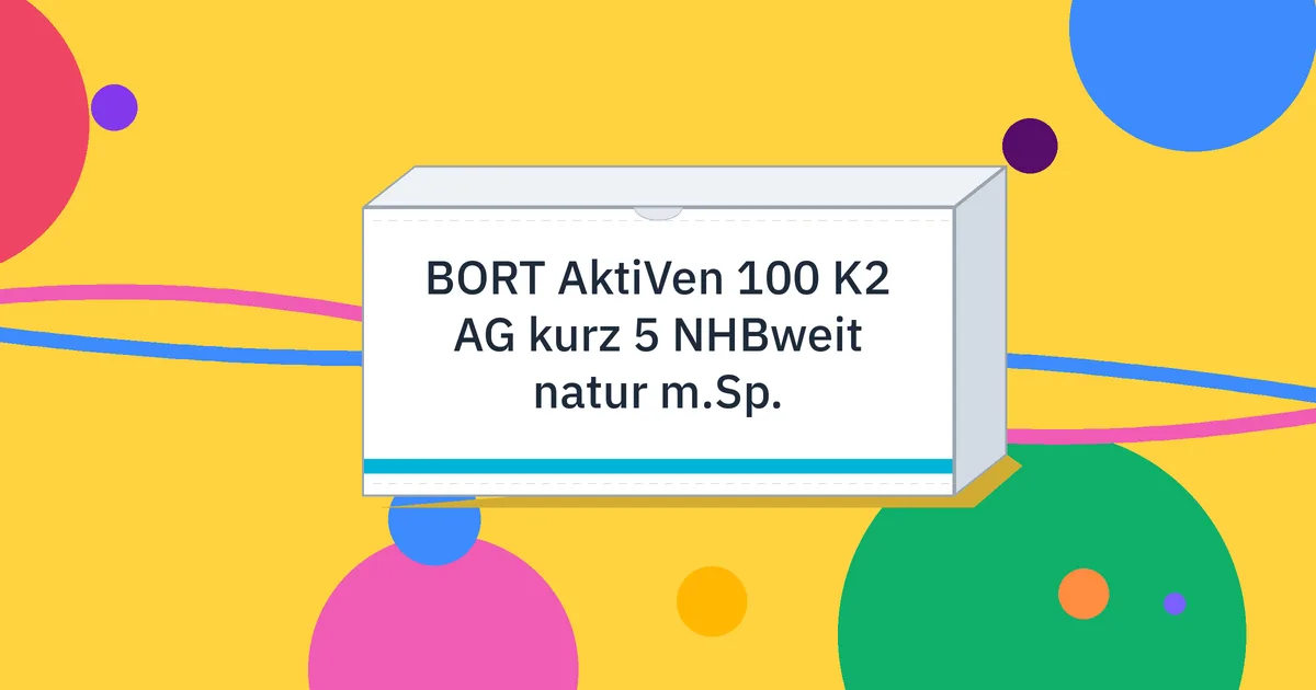 Symbolbild: Packung mit der Aufschrift BORT AktiVen 100 K2 AG kurz 5 NHBweit natur m.Sp. (PZN 13730668) – Verfügbarkeit und Bezug in Apotheken in Frankfurt am Main