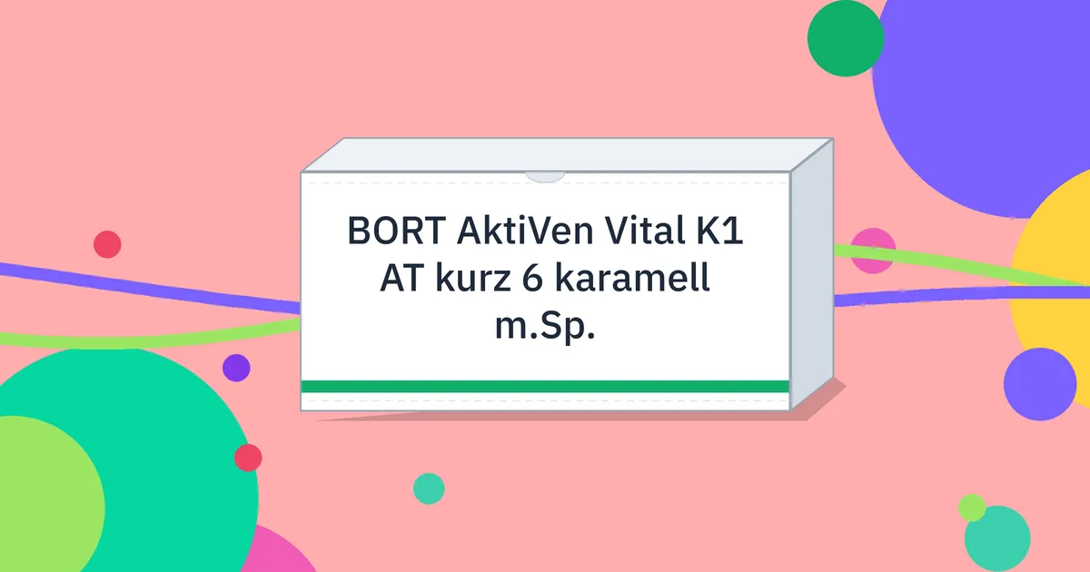 Symbolbild: Packung mit der Aufschrift BORT AktiVen Vital K1 AT kurz 6 karamell m.Sp. (PZN 13737216) – Verfügbarkeit und Bezug in Apotheken in Frankfurt am Main
