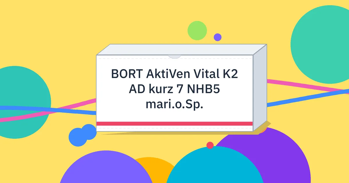 Symbolbild: Packung mit der Aufschrift BORT AktiVen Vital K2 AD kurz 7 NHB5 mari.o.Sp. (PZN 17494615) – Verfügbarkeit und Bezug in Apotheken in Frankfurt am Main