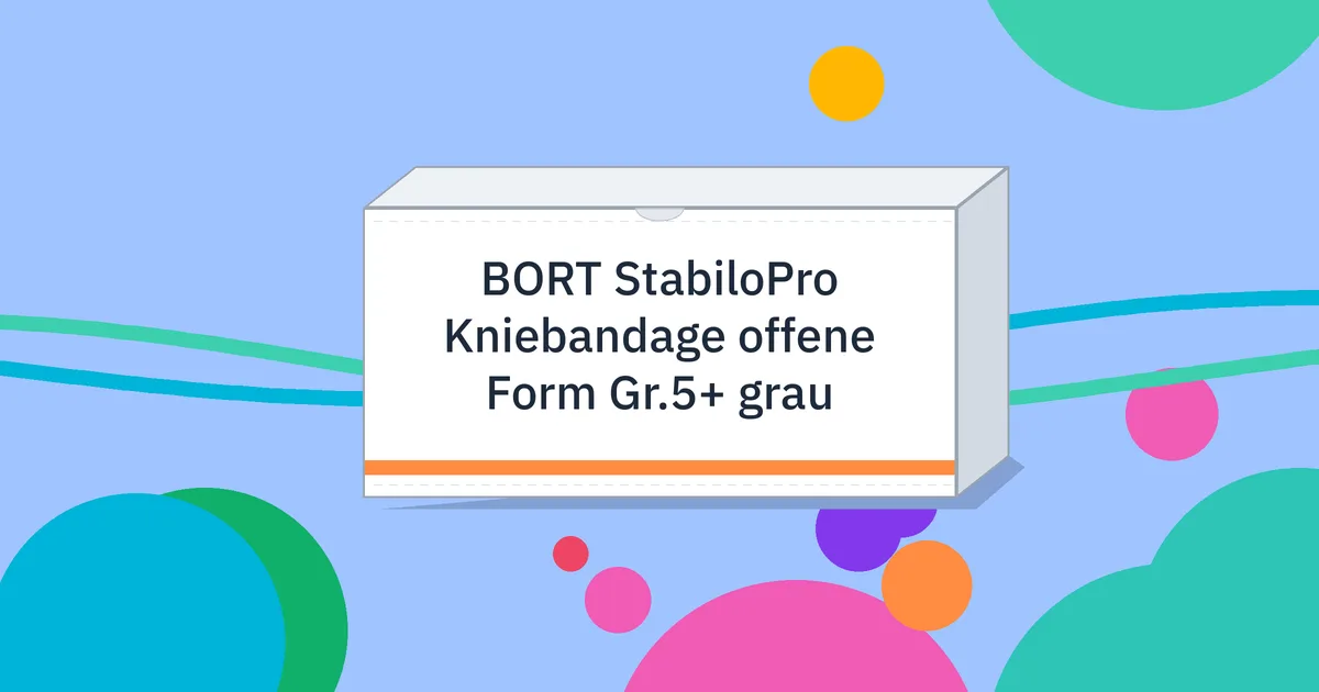 Symbolbild: Packung mit der Aufschrift BORT StabiloPro Kniebandage offene Form Gr.5+ grau (PZN 15256923) – Verfügbarkeit und Bezug in Apotheken in Frankfurt am Main
