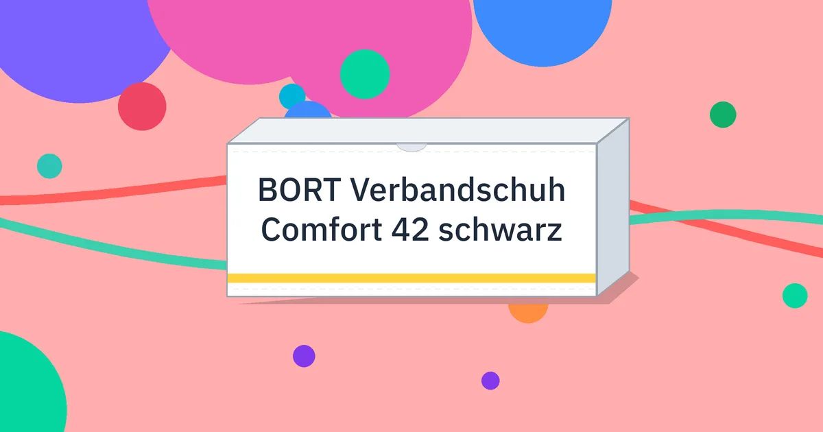 Symbolbild: Packung mit der Aufschrift BORT Verbandschuh Comfort 42 schwarz (PZN 02730889) – Verfügbarkeit und Bezug in Apotheken in Frankfurt am Main