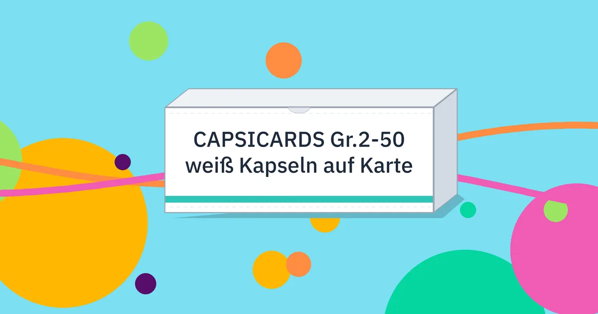 Symbolbild: Packung mit der Aufschrift CAPSICARDS Gr.2-50 weiß Kapseln auf Karte (PZN 09225574) – Verfügbarkeit und Bezug in Apotheken in Frankfurt am Main