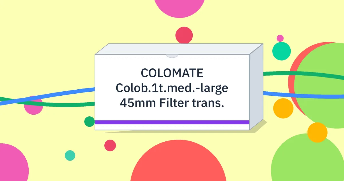 Symbolbild: Packung mit der Aufschrift COLOMATE Colob.1t.med.-large 45mm Filter trans. (PZN 10098431) – Verfügbarkeit und Bezug in Apotheken in Frankfurt am Main