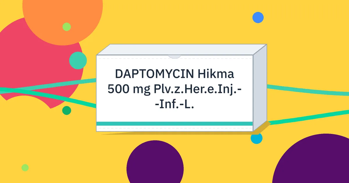 Symbolbild: Packung mit der Aufschrift DAPTOMYCIN Hikma 500 mg Plv.z.Her.e.Inj.--Inf.-L. (PZN 19547882) – Verfügbarkeit und Bezug in Apotheken in Frankfurt am Main