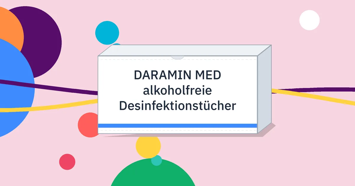 Symbolbild: Packung mit der Aufschrift DARAMIN MED alkoholfreie Desinfektionstücher (PZN 17166704) – Verfügbarkeit und Bezug in Apotheken in Frankfurt am Main