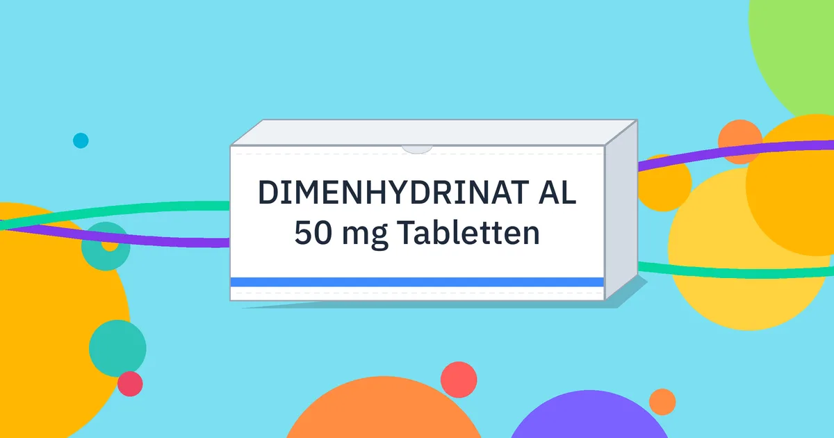 Symbolbild: Packung mit der Aufschrift DIMENHYDRINAT AL 50 mg Tabletten (PZN 06938658) – Verfügbarkeit und Bezug in Apotheken in Frankfurt am Main
