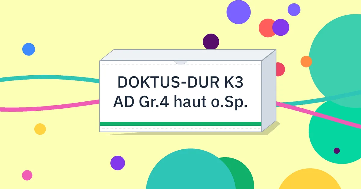 Symbolbild: Packung mit der Aufschrift DOKTUS-DUR K3 AD Gr.4 haut o.Sp. (PZN 00596889) – Verfügbarkeit und Bezug in Apotheken in Frankfurt am Main