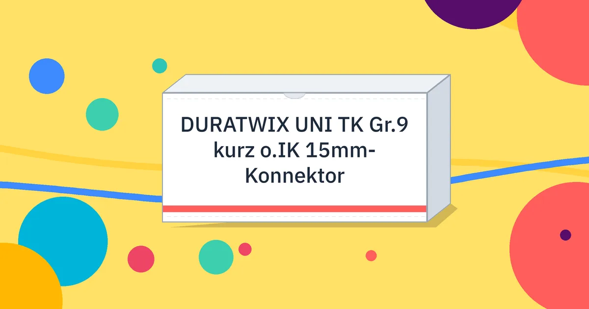 Symbolbild: Packung mit der Aufschrift DURATWIX UNI TK Gr.9 kurz o.IK 15mm-Konnektor (PZN 06968429) – Verfügbarkeit und Bezug in Apotheken in Frankfurt am Main