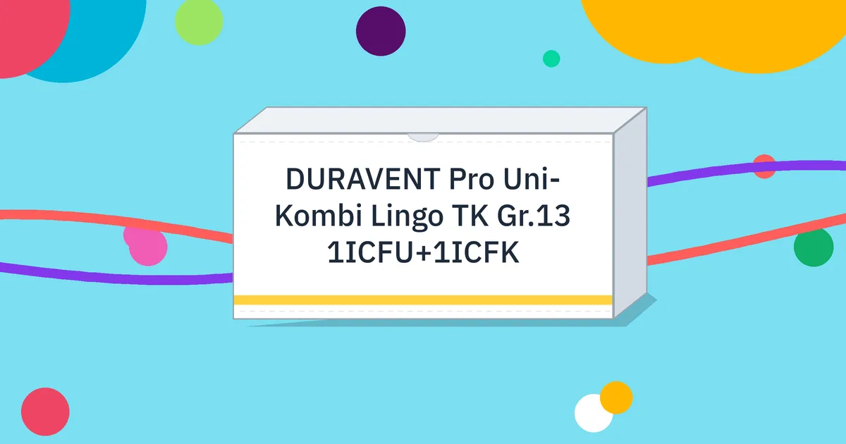 Symbolbild: Packung mit der Aufschrift DURAVENT Pro Uni-Kombi Lingo TK Gr.13 1ICFU+1ICFK (PZN 19242674) – Verfügbarkeit und Bezug in Apotheken in Frankfurt am Main