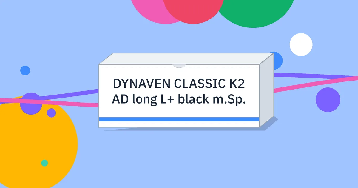 Symbolbild: Packung mit der Aufschrift DYNAVEN CLASSIC K2 AD long L+ black m.Sp. (PZN 18417781) – Verfügbarkeit und Bezug in Apotheken in Frankfurt am Main