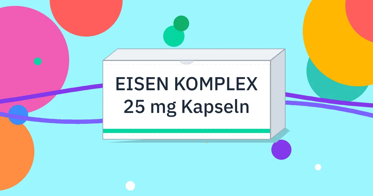 Symbolbild: Packung mit der Aufschrift EISEN KOMPLEX 25 mg Kapseln (PZN 18486552) – Verfügbarkeit und Bezug in Apotheken in Frankfurt am Main