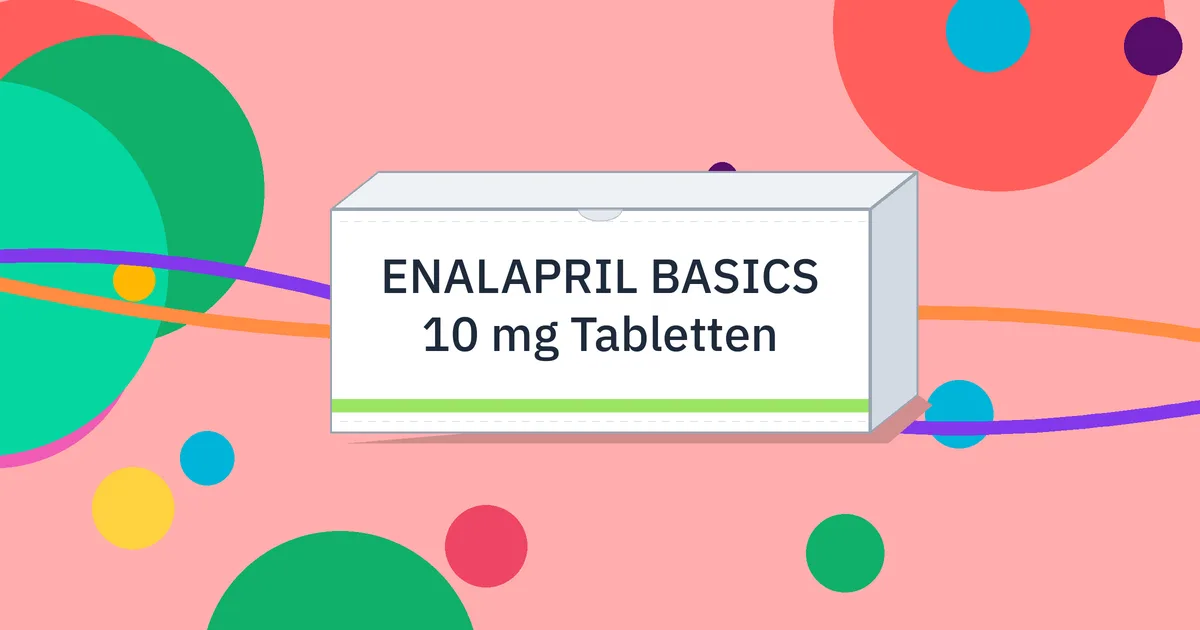 Symbolbild: Packung mit der Aufschrift ENALAPRIL BASICS 10 mg Tabletten (PZN 02235954) – Verfügbarkeit und Bezug in Apotheken in Frankfurt am Main