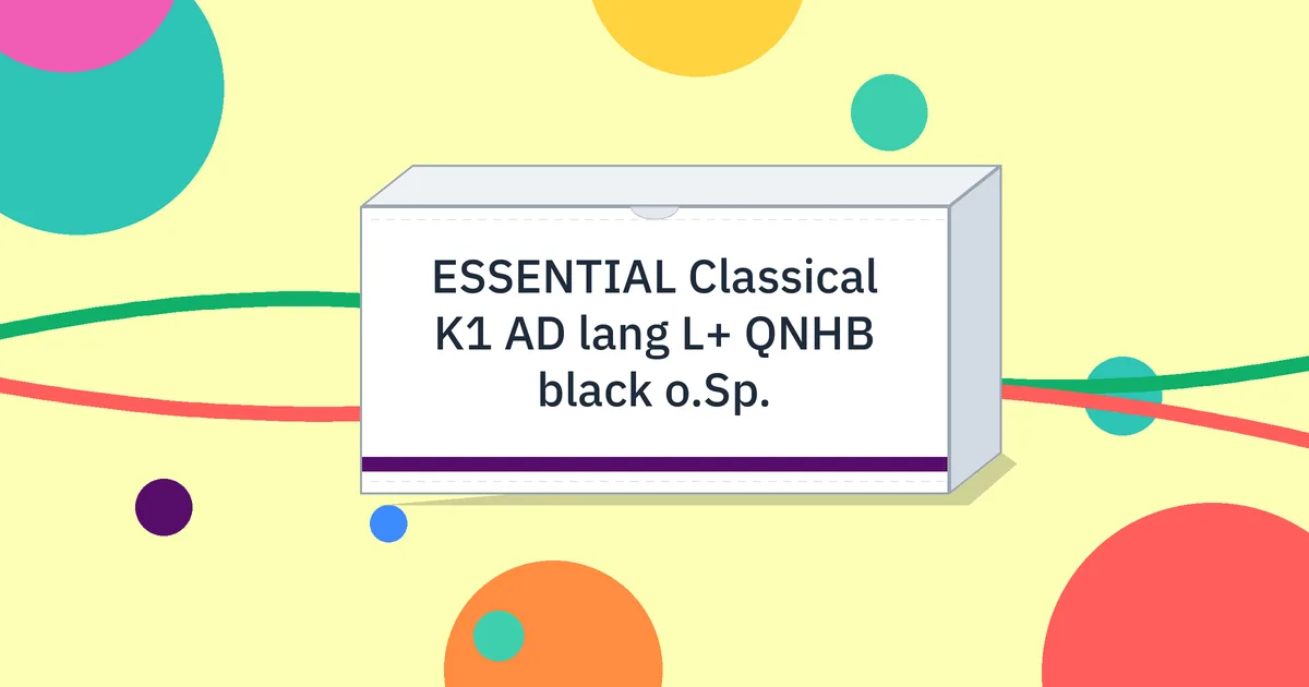 Symbolbild: Packung mit der Aufschrift ESSENTIAL Classical K1 AD lang L+ QNHB black o.Sp. (PZN 18866208) – Verfügbarkeit und Bezug in Apotheken in Frankfurt am Main
