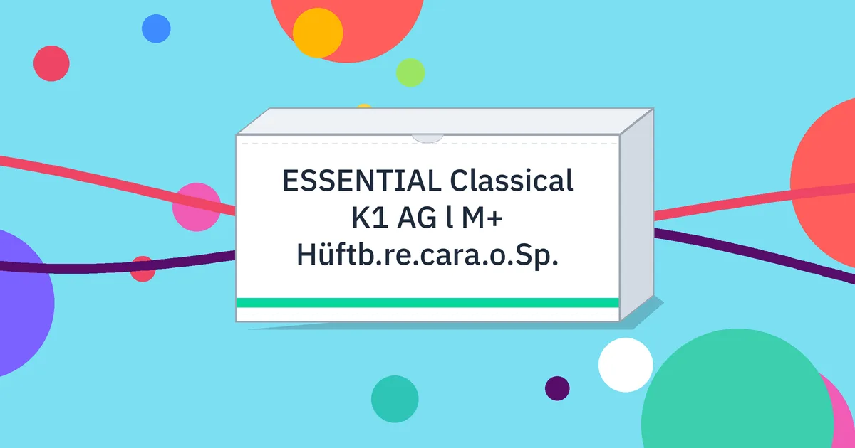 Symbolbild: Packung mit der Aufschrift ESSENTIAL Classical K1 AG l M+ Hüftb.re.cara.o.Sp. (PZN 17011775) – Verfügbarkeit und Bezug in Apotheken in Frankfurt am Main