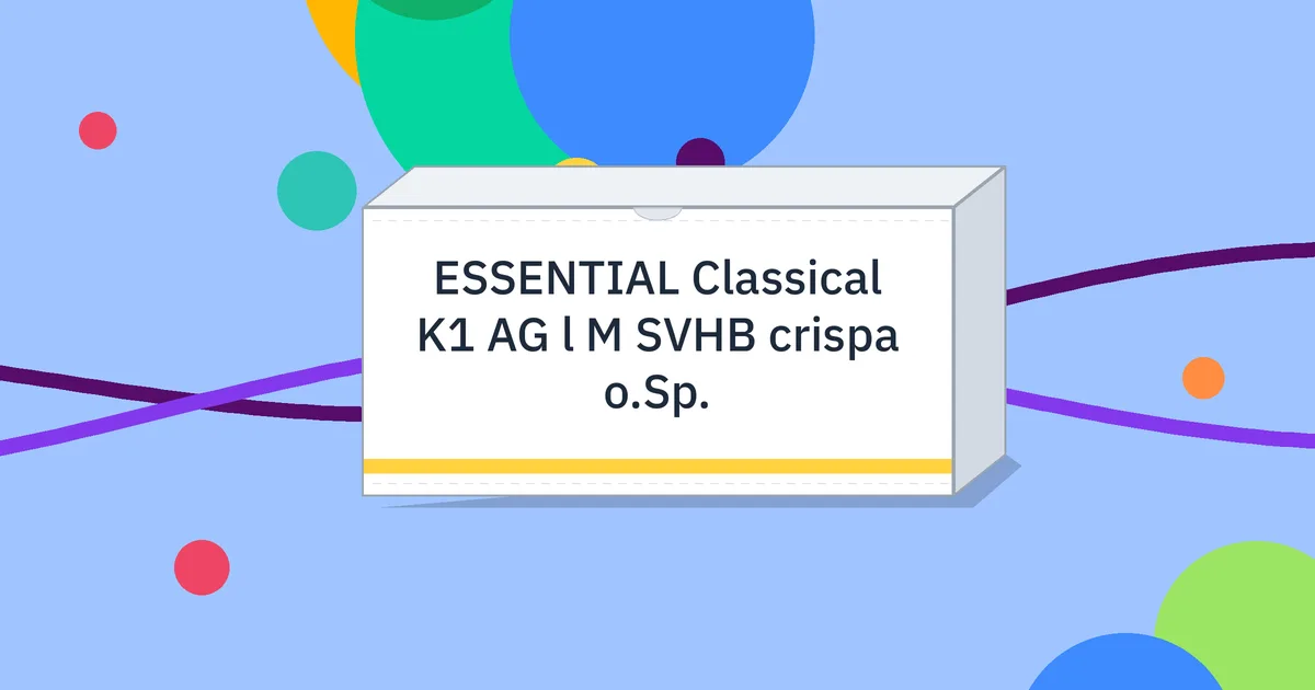 Symbolbild: Packung mit der Aufschrift ESSENTIAL Classical K1 AG l M SVHB crispa o.Sp. (PZN 18420228) – Verfügbarkeit und Bezug in Apotheken in Frankfurt am Main