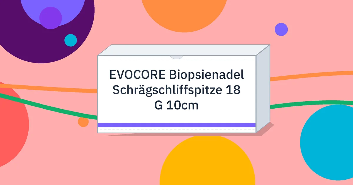 Symbolbild: Packung mit der Aufschrift EVOCORE Biopsienadel Schrägschliffspitze 18 G 10cm (PZN 11655276) – Verfügbarkeit und Bezug in Apotheken in Frankfurt am Main
