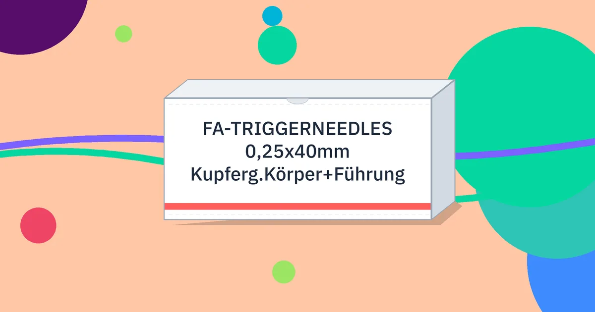 Symbolbild: Packung mit der Aufschrift FA-TRIGGERNEEDLES 0,25x40mm Kupferg.Körper+Führung (PZN 20044910) – Verfügbarkeit und Bezug in Apotheken in Frankfurt am Main