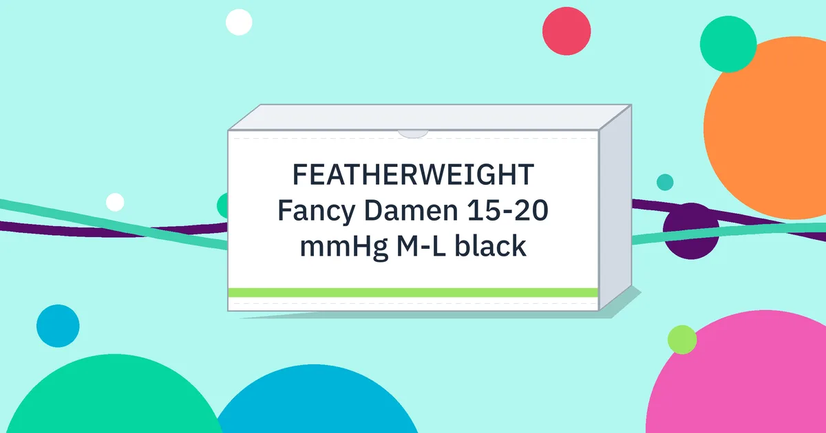Symbolbild: Packung mit der Aufschrift FEATHERWEIGHT Fancy Damen 15-20 mmHg M-L black (PZN 20112238) – Verfügbarkeit und Bezug in Apotheken in Frankfurt am Main