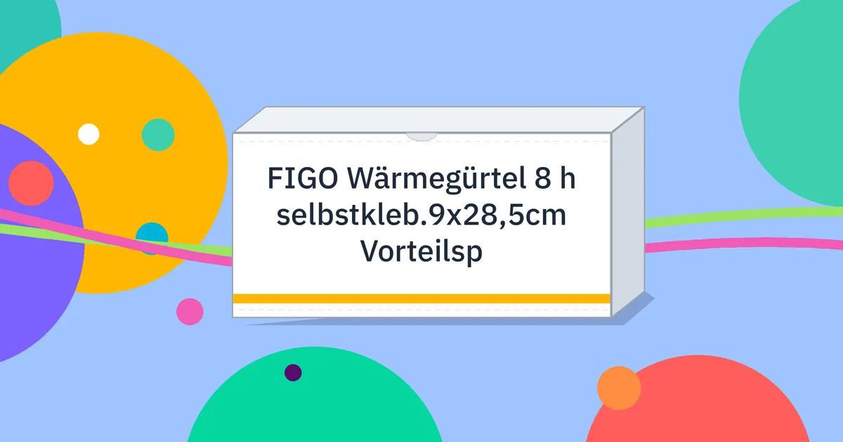Symbolbild: Packung mit der Aufschrift FIGO Wärmegürtel 8 h selbstkleb.9x28,5cm Vorteilsp (PZN 19833518) – Verfügbarkeit und Bezug in Apotheken in Frankfurt am Main